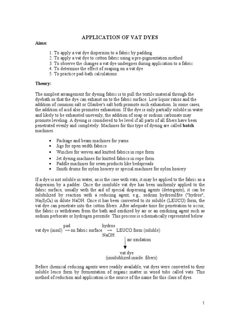 Vat Dyeing Techniques and Applications | PDF | Dye | Dyeing