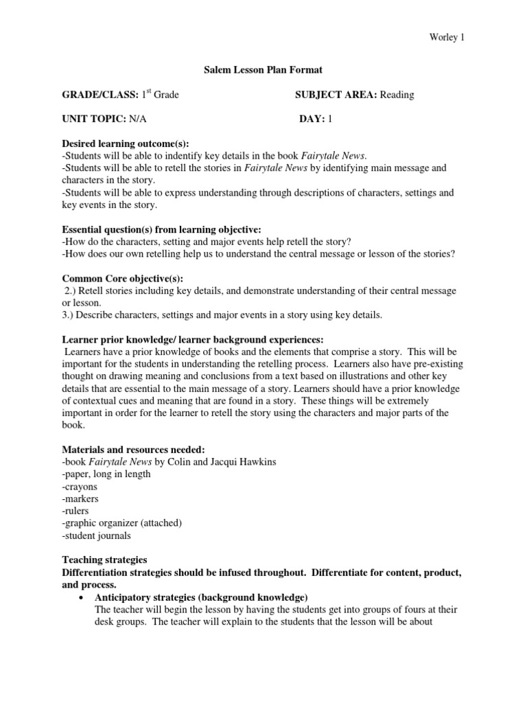1st Grade Fairytale Retelling Plan | PDF | Lesson Plan | Reading ...