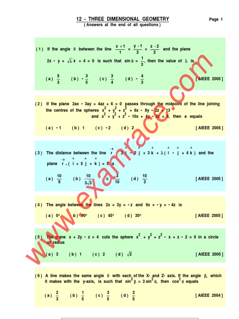 Mathematics 3D Geometry MCQ | PDF | Line (Geometry) | Sphere