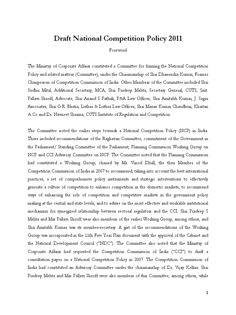 Draft National Competition Policy 2011 India | PDF | Competition Law ...