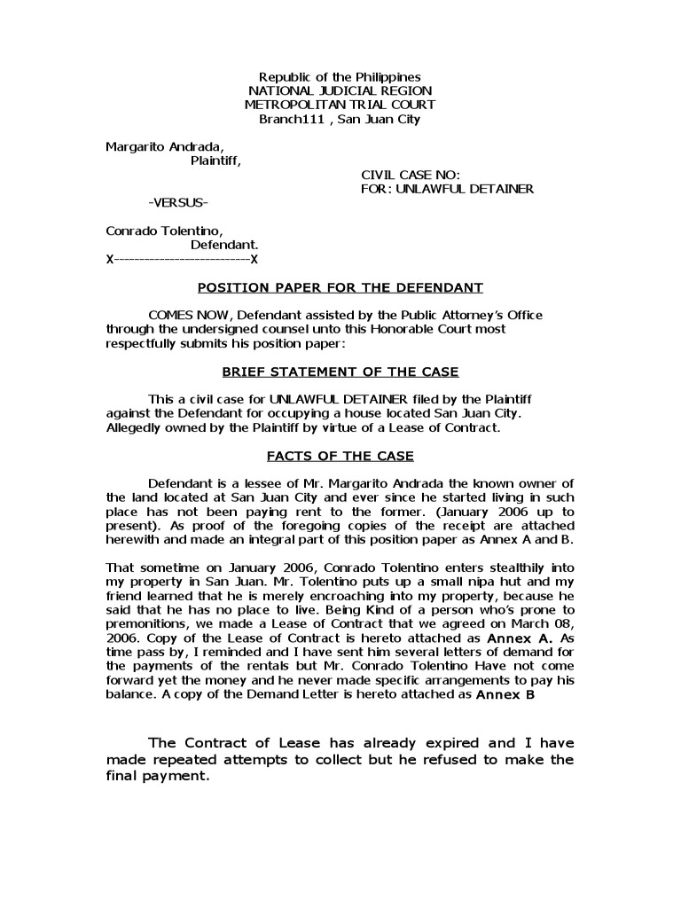 Position Paper Unlawful Detainer | PDF