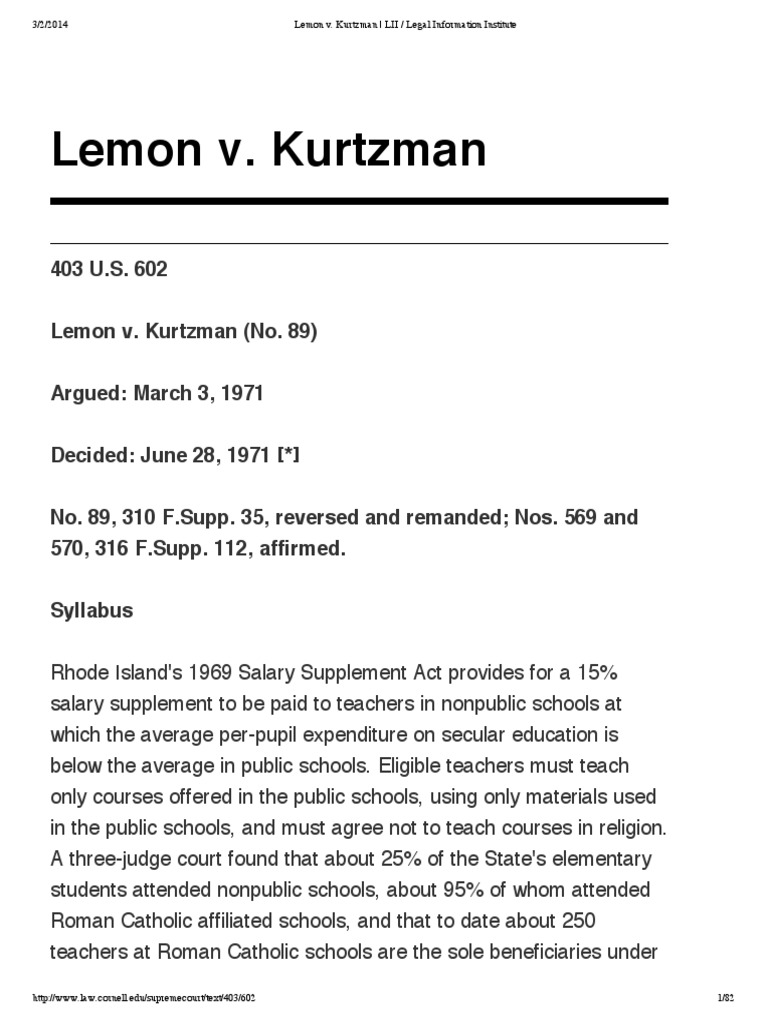 Lemon v. Kurtzman | Establishment Clause | First Amendment To The ...