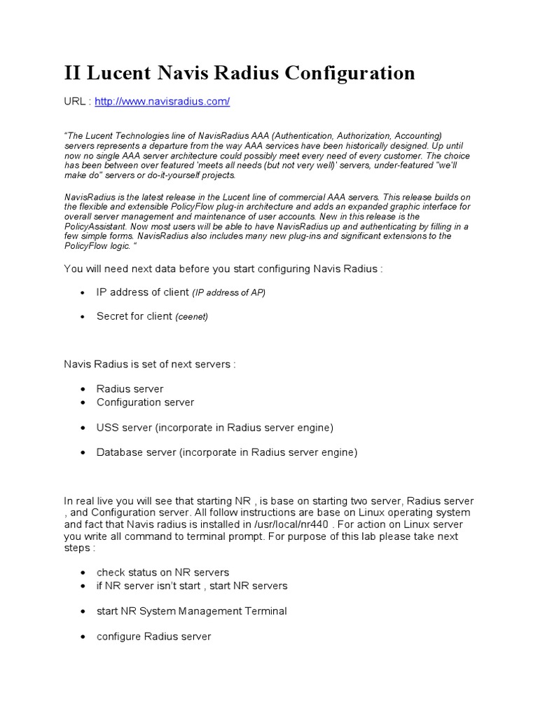 Lucent Navis Radius Configuration | PDF | Radius | Server (Computing)