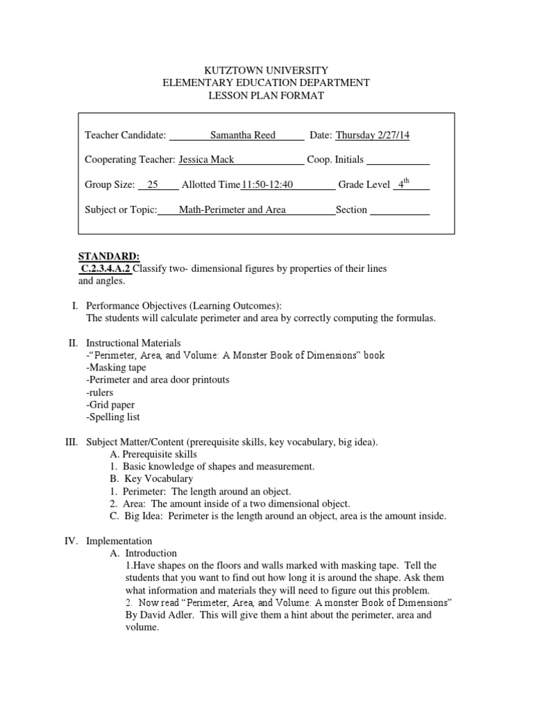 Perimeter and Area Plan | PDF | Lesson Plan | Learning