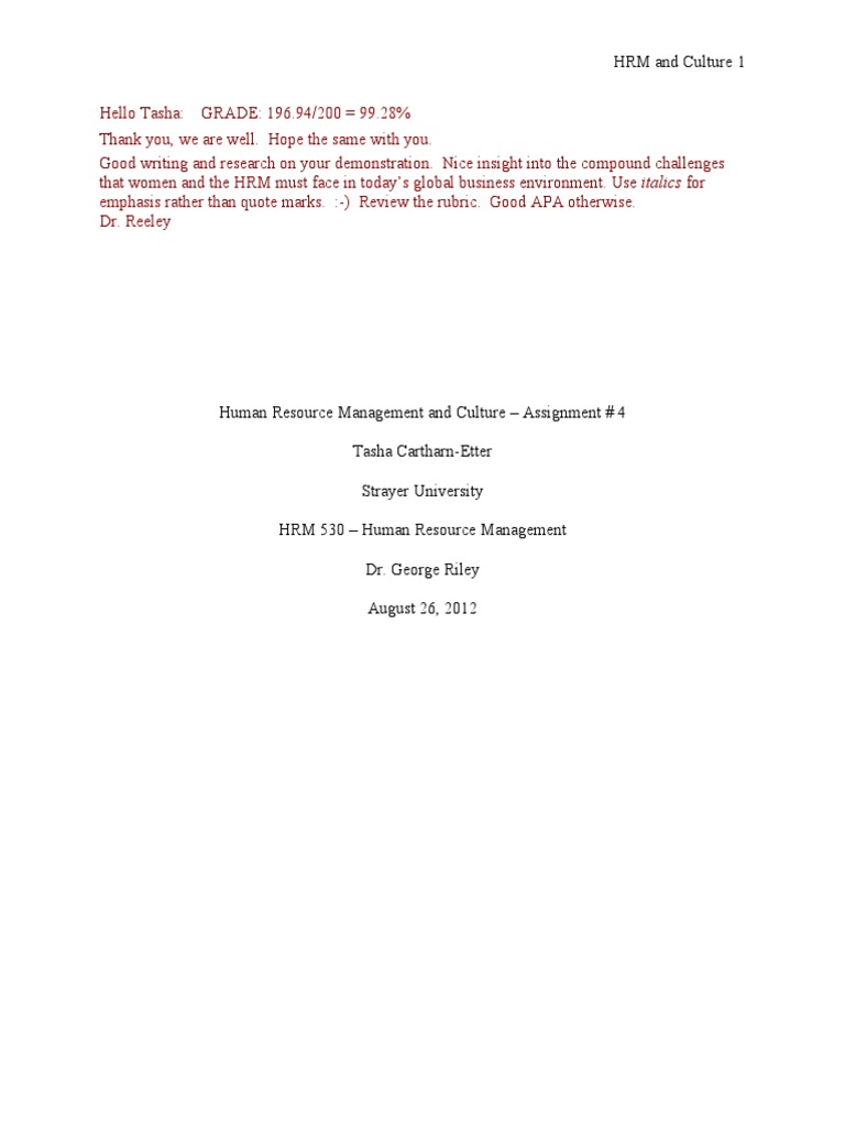 HRM 530 Assignment 4 Human Resource MGMT and Culture - A Grade | PDF ...