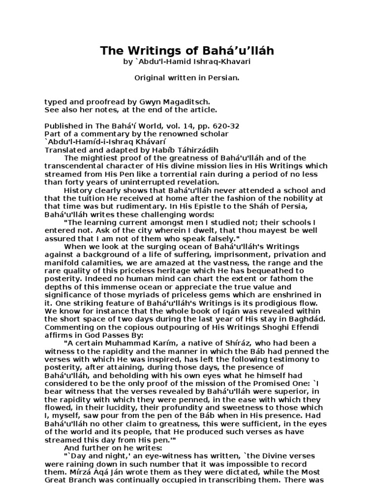 The Writings of Baha'u'Llah | Bahá'í Faith | Revelation