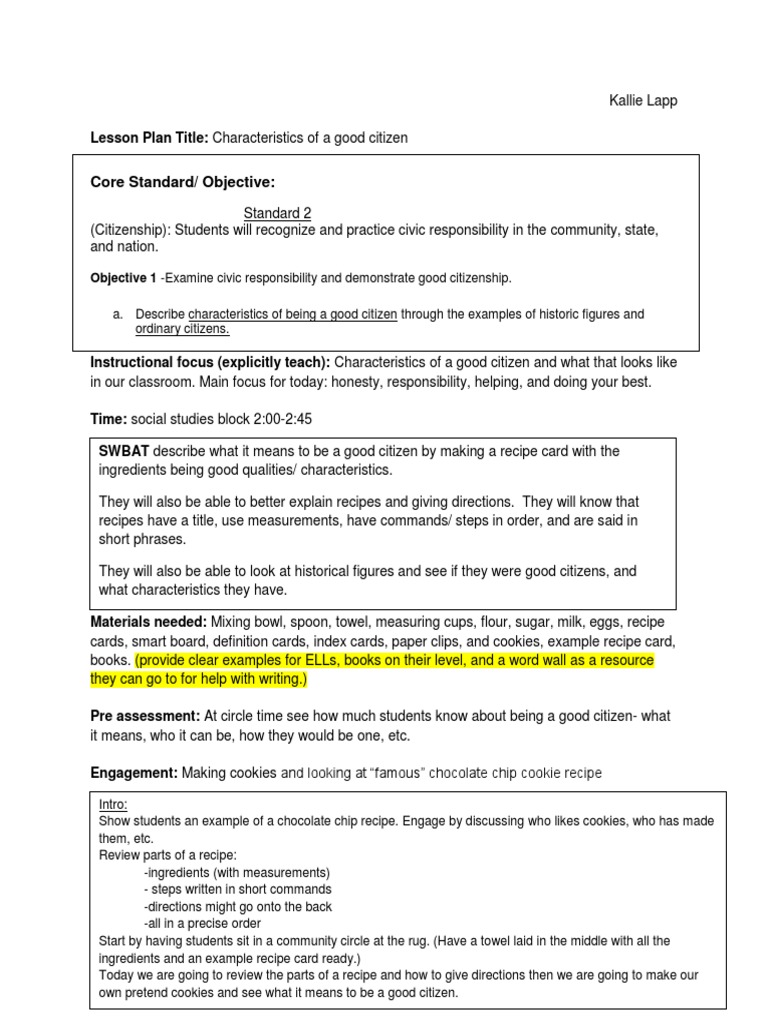 Being A Good Citizen Recipe - Ell Lesson Plan | PDF | Citizenship ...