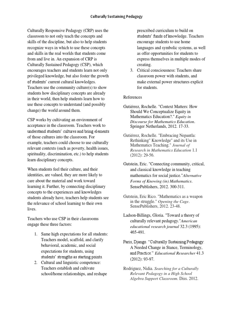 Culturally Sustaining Pedagogy | PDF | Teachers | Teaching Mathematics Culturally Sustaining Pedagogy | PDF | Teachers | Teaching Mathematics