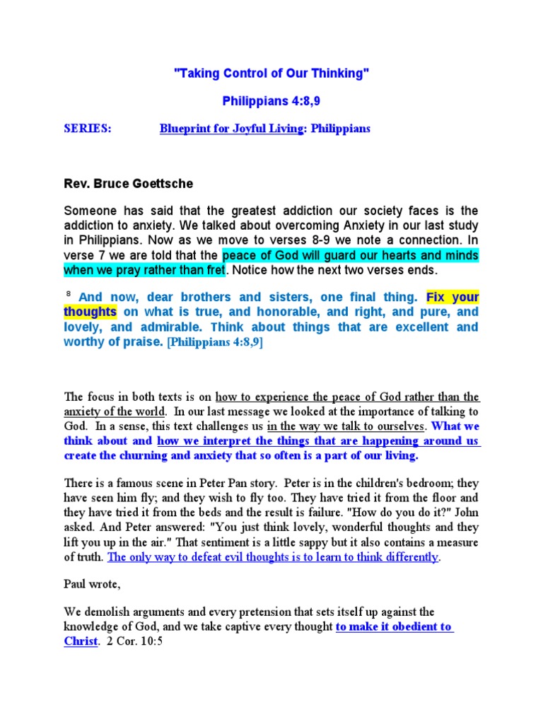 Taking Control of Our Thoughts: Focusing on What is True, Right, and ...