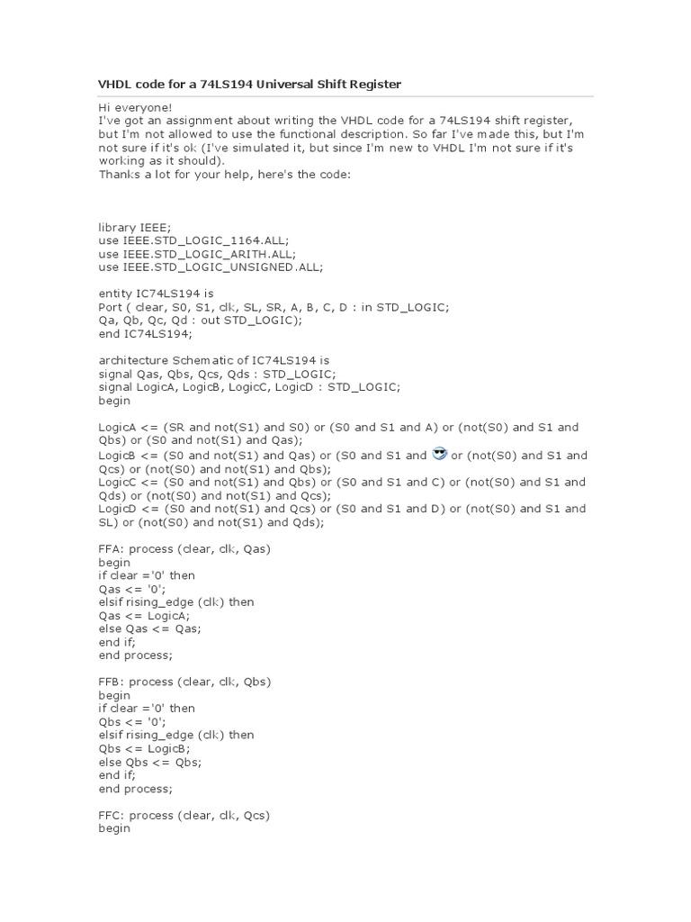 VHDL Code For A 74LS194 Universal Shift Register | PDF | Vhdl | Digital Electronics