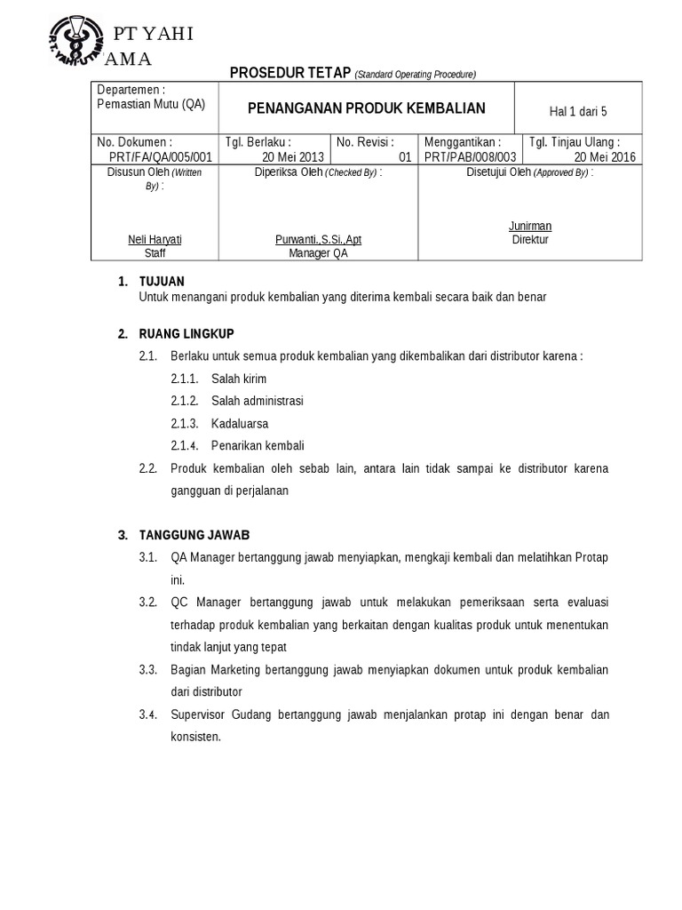 Pt Yahi Utama: Prosedur Tetap Penanganan Produk Kembalian