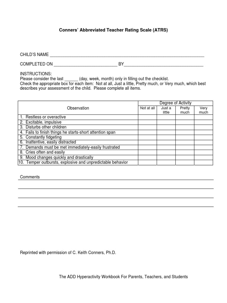 Conners' Abbreviated Teacher Rating Scale (ATRS) | PDF
