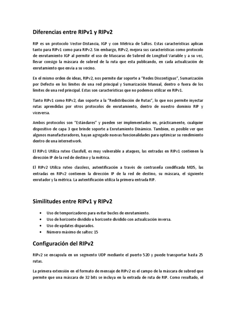 Diferencias Entre RIPv1 y RIPv2 | PDF | Enrutador (Computación) | Dirección IP