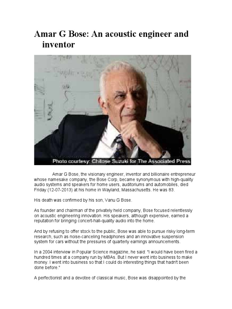 Amar G Bose: An Acoustic Engineer and Inventor | PDF | Loudspeaker ...