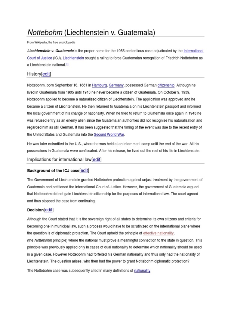 Nottebohm (Liechtenstein v. Guatemala) : History | PDF | Virtue ...