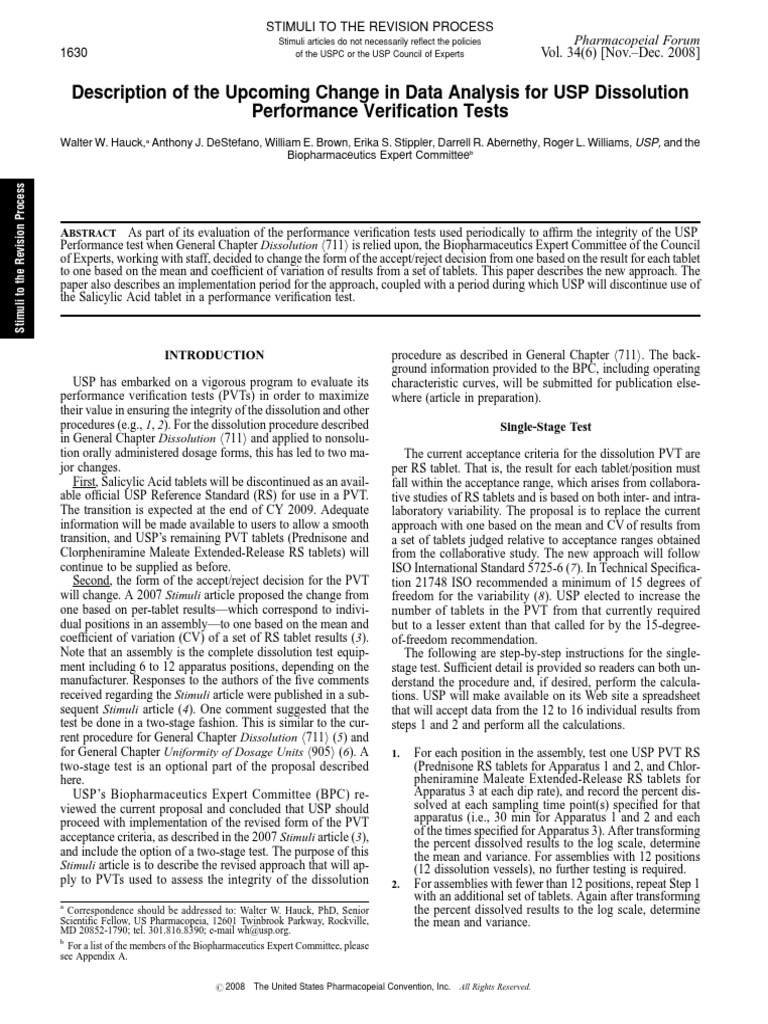 USp Dissolution PVT Revision | PDF | Spreadsheet | Tablet (Pharmacy)