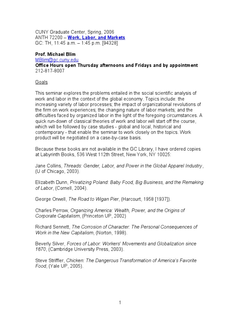 Prof. Michael Blim Office Hours Open Thursday Afternoons and Fridays ...