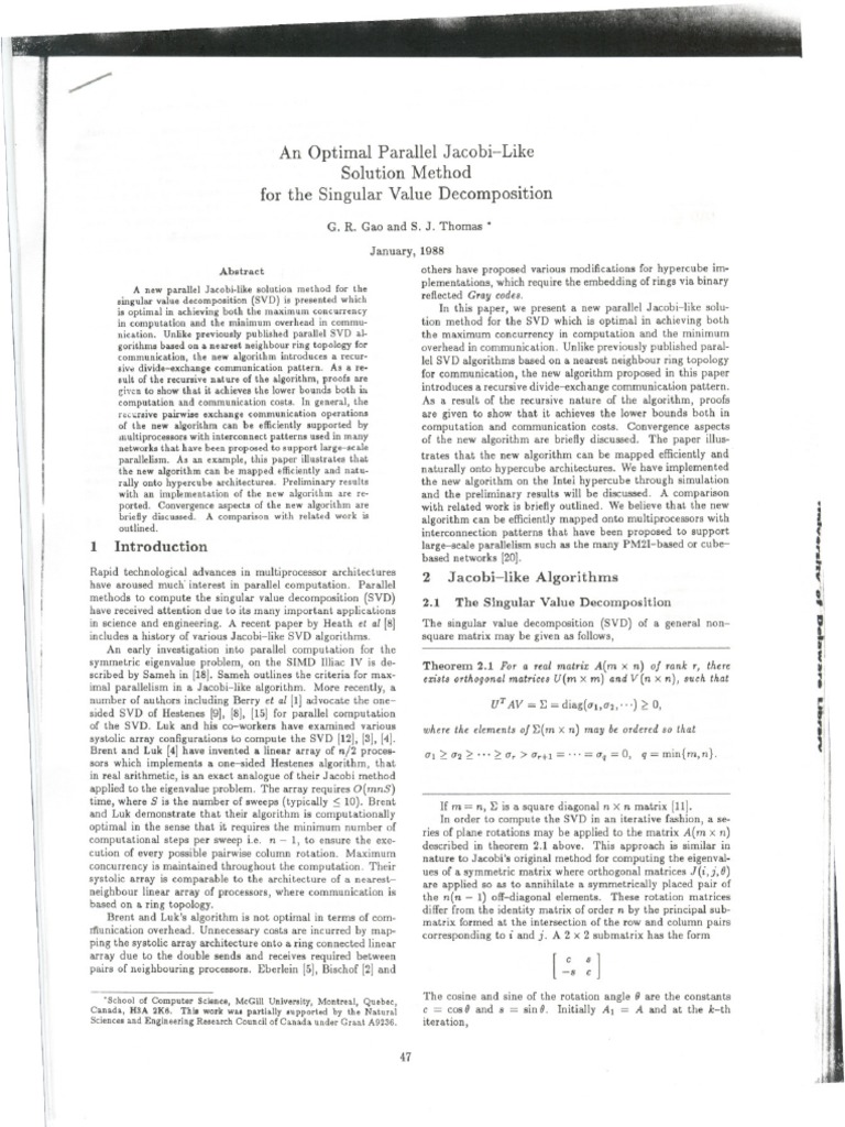 An Optimal Parallel Jacobi Like Solution Method For The Singular Value Decomposition Pdf 