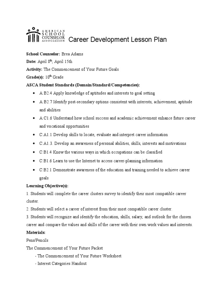 Career Lesson Plan | PDF | School Counselor | Quality Of Life