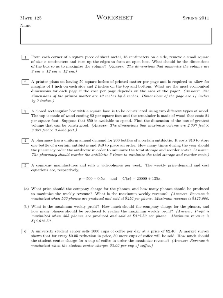 Optimization Worksheet | PDF | Revenue | Dimension