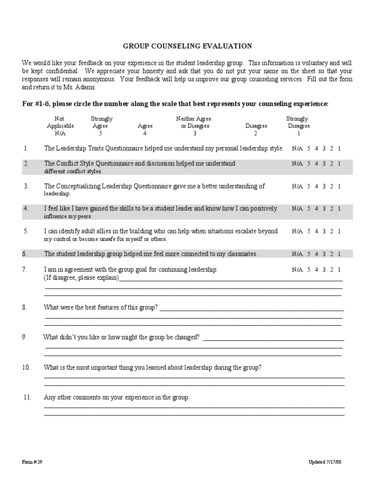 Group Counseling Evaluation: Form # 29 Updated 7/17/08 | PDF