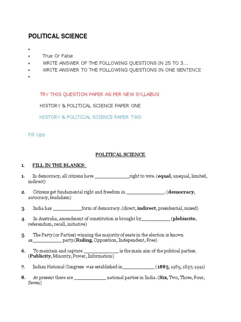 Political Science: Try This Question Paper As Per New Syllabus | PDF