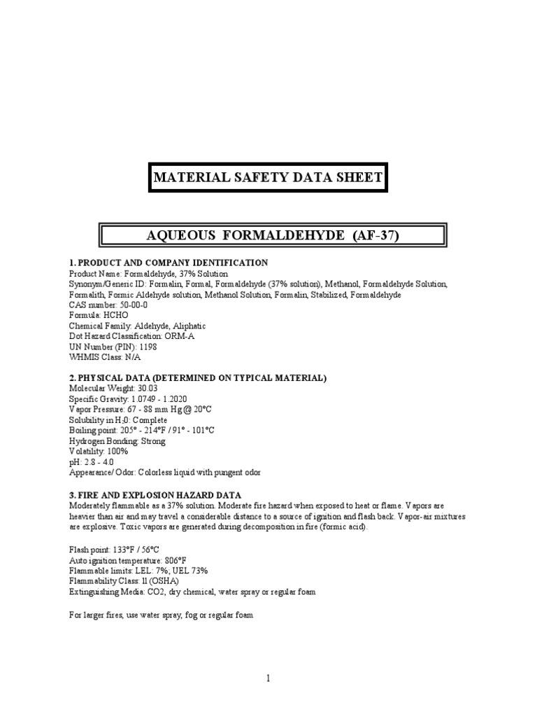 Formaldehyde MSDS | Formaldehyde | Ethanol