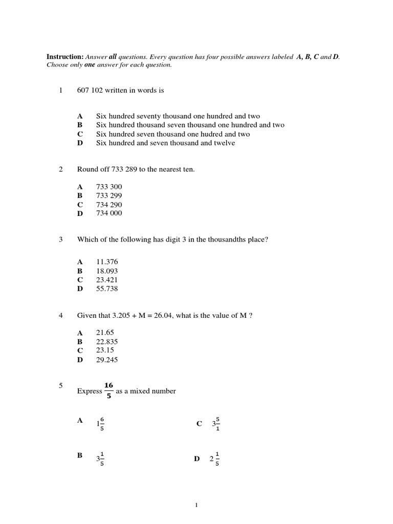 A B C D: Choose Only One Answer For Each Question | PDF | Fraction ...
