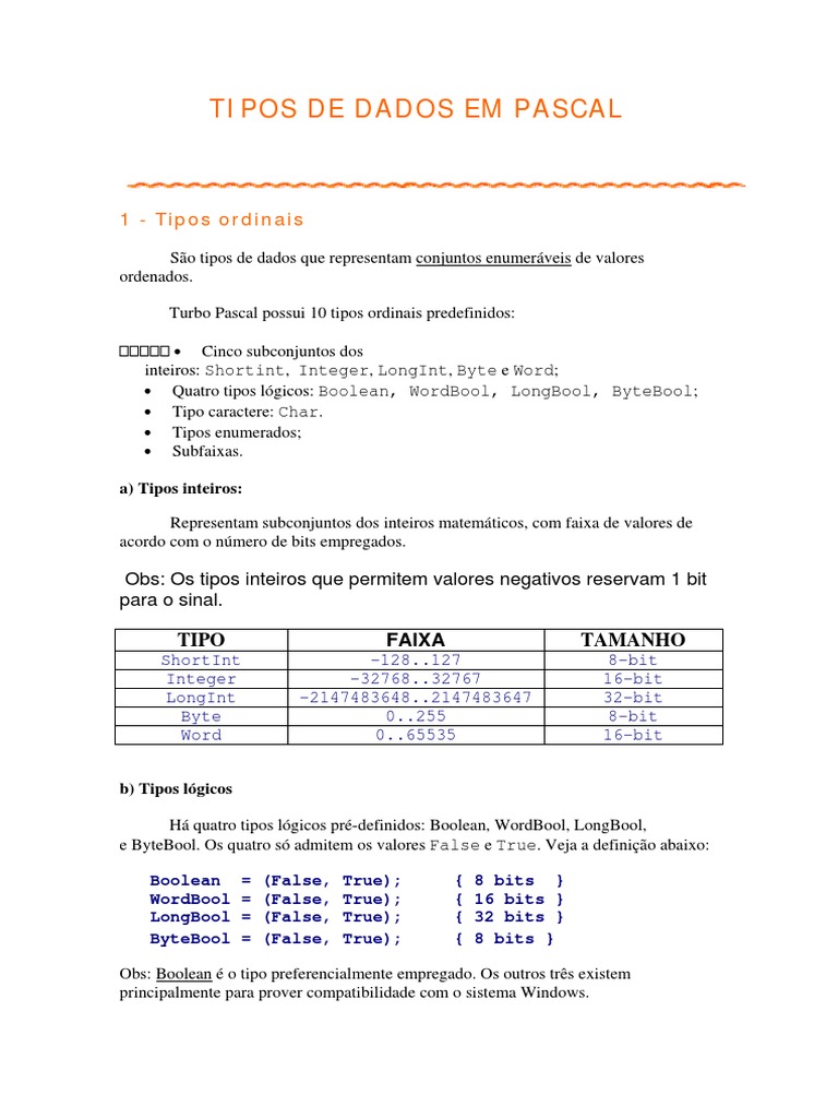 Tipos de Dados em Pascal | PDF | Mordeu | Tipo de dado booleano