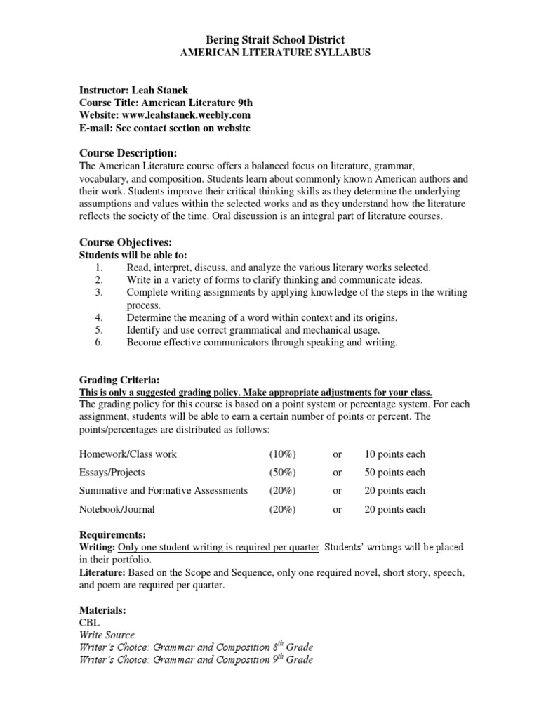 9th Grade American Literature Syllabus | PDF | Homework | Educational ...