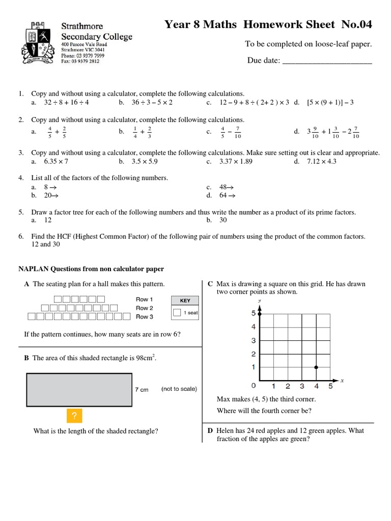 Year 8 Maths Homework Sheet No.04 | PDF