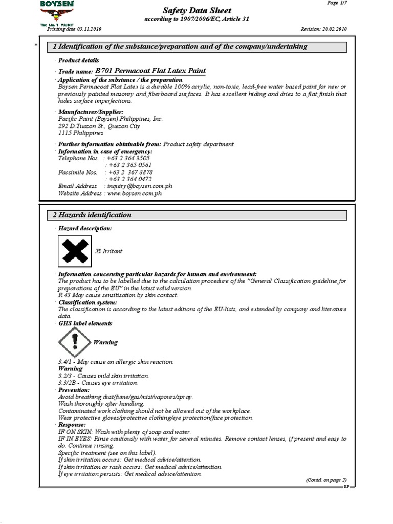 Boysen B701 Permacoat Flat Latex Paint | PDF | Dangerous Goods ...