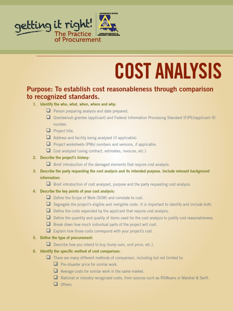 Cost Analysis Checklist | PDF | Procurement | Prices