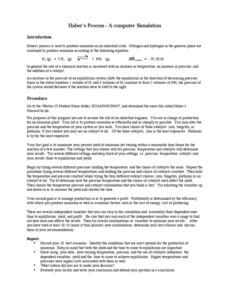 Haber's Process - A Computer Simulation: Report | PDF | Catalysis | Ammonia