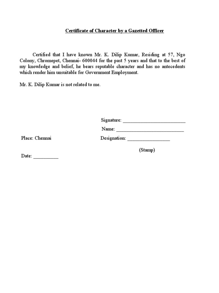 Certificate by Gazetted Officer