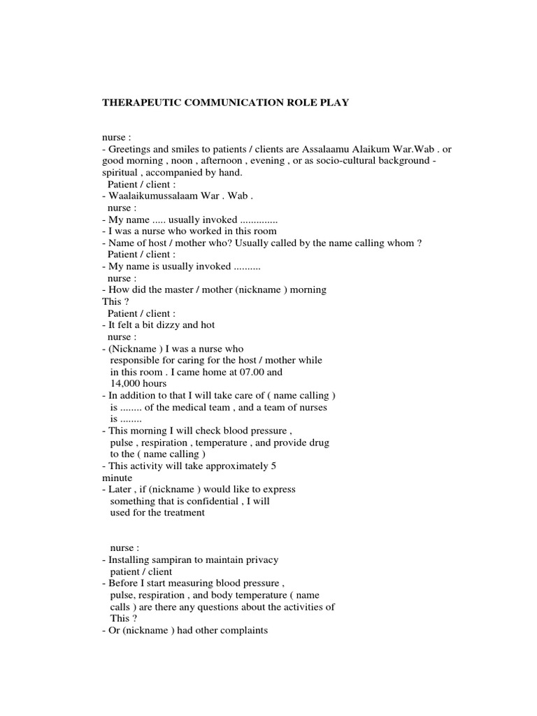 Therapeutic Communication Role Play | PDF | Blood Pressure | Nursing
