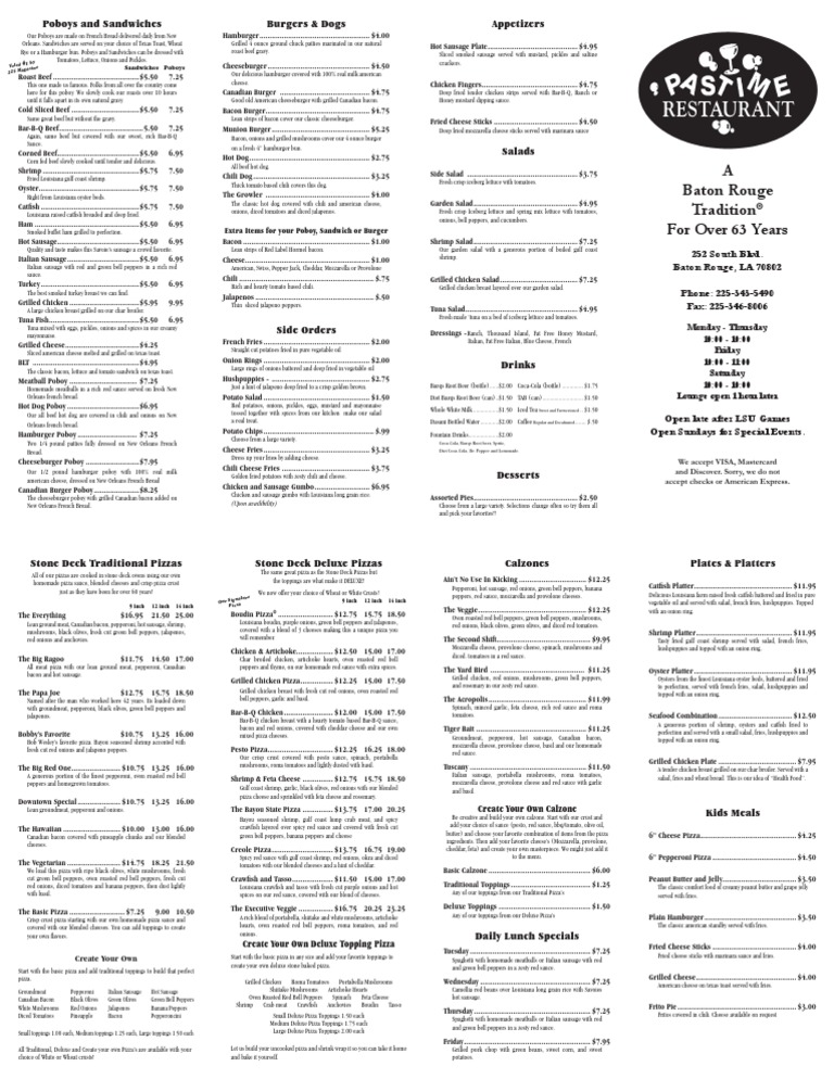 Pastime Menu | PDF | Hamburgers | Pizza