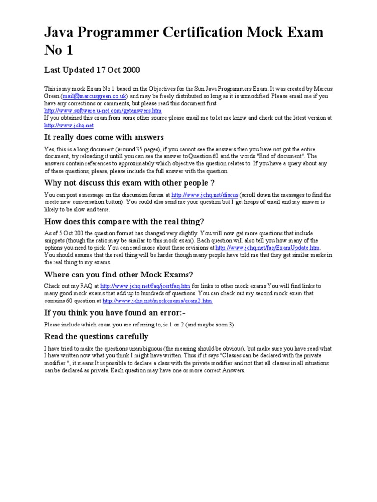 Java Programmer Certification Mock Exam Pdf Method Computer Programming Class Computer