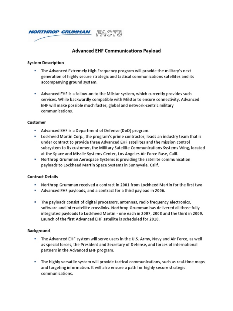 AEHF Fact Sheet | PDF | Northrop Grumman | Satellite