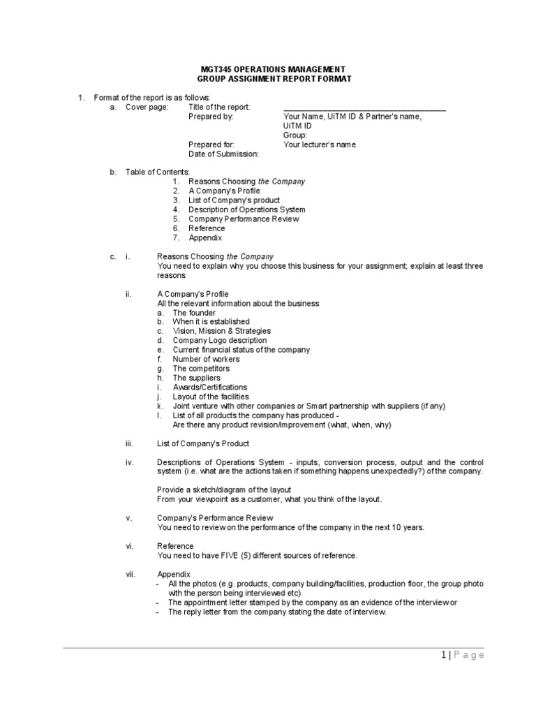 Mgt345 Operations Management Group Assignment Report Format | PDF
