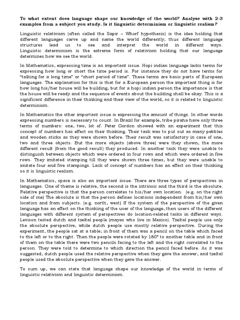 Linguistic Determinism & Linguistic Realism | PDF | Linguistics | Human ...