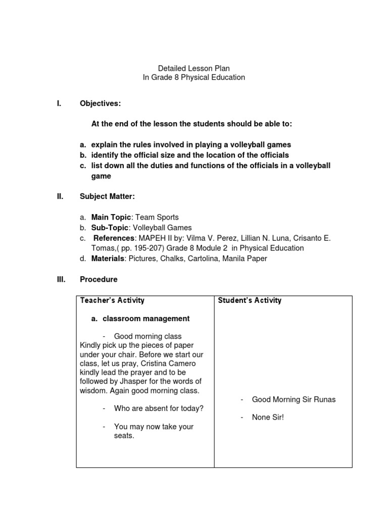Grade 8 Volleyball Lesson Plan | PDF | Referee | Volleyball