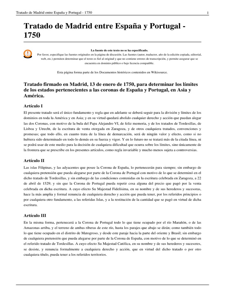 Tratado de Madrid Entre España y Portugal - 1750 PDF | PDF