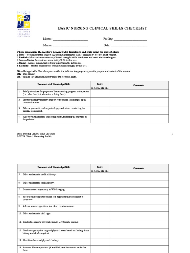 Basic Nursing Clinical Skills Checklist | PDF | Mentorship | Clinical ...