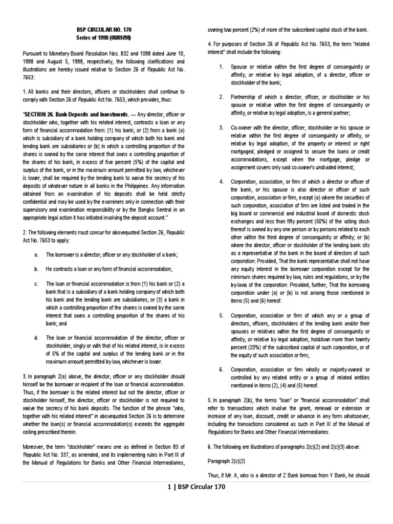 BSP Circular 170 | PDF | Banks | Loans