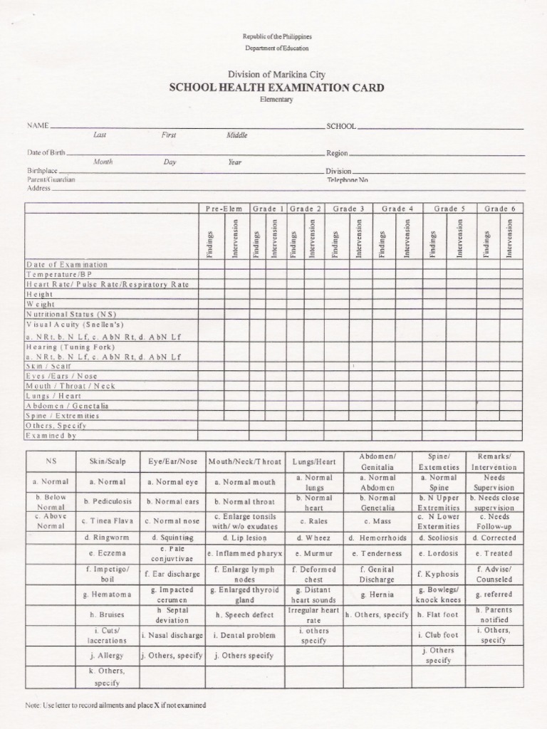 Form 7 - Elementary Health Card | PDF