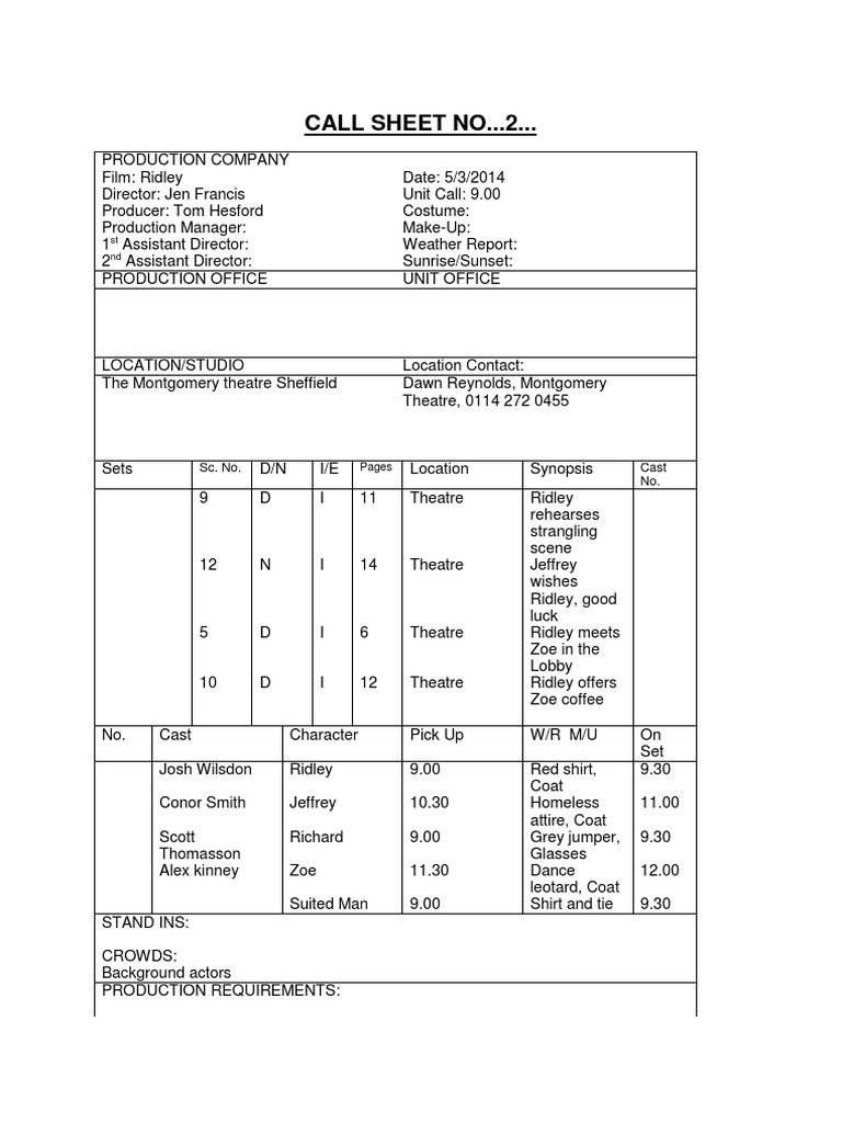 Call Sheet Theatre Day 1 | PDF | Sports & Recreation | Language Arts ...