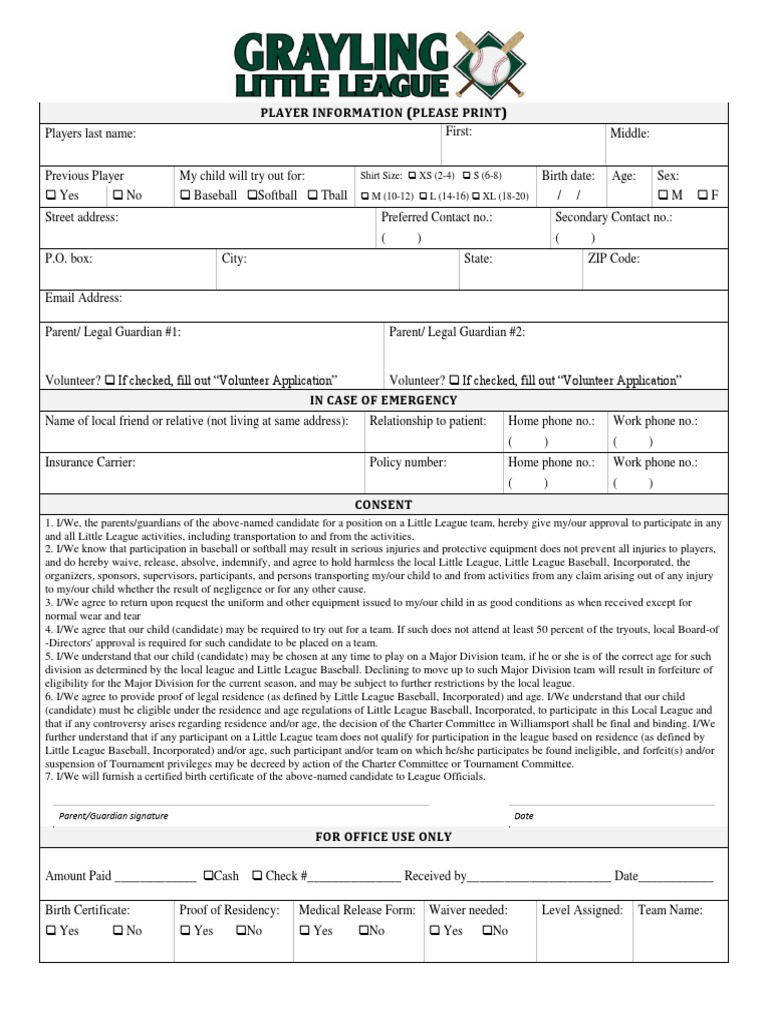 Grayling Little League Registration Form | PDF