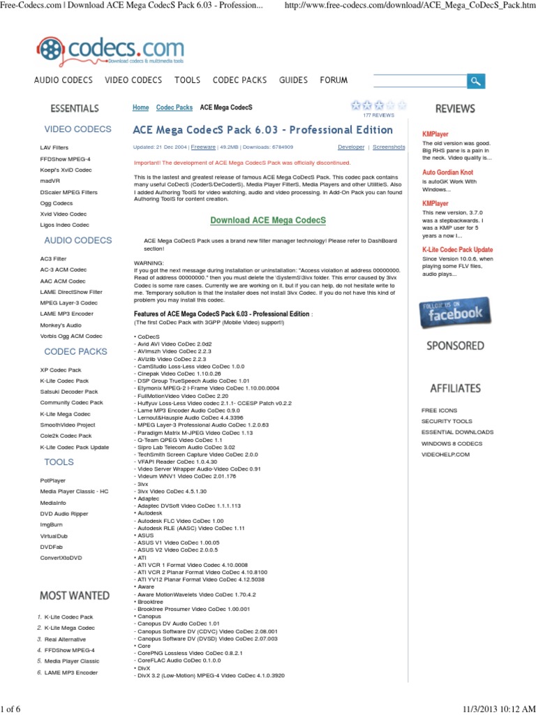 ACE Mega CodecS Pack 6 | PDF | Codec | Data Compression