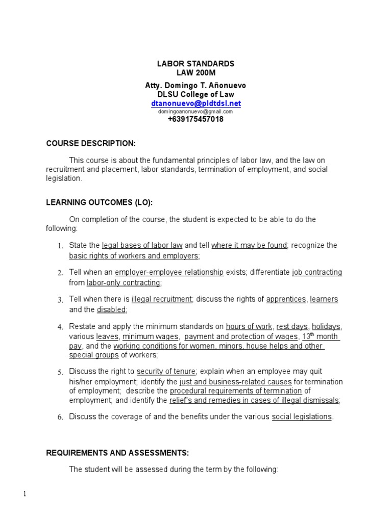 Labor Law 1 Syllabus | PDF | International Labour Organization | Employment